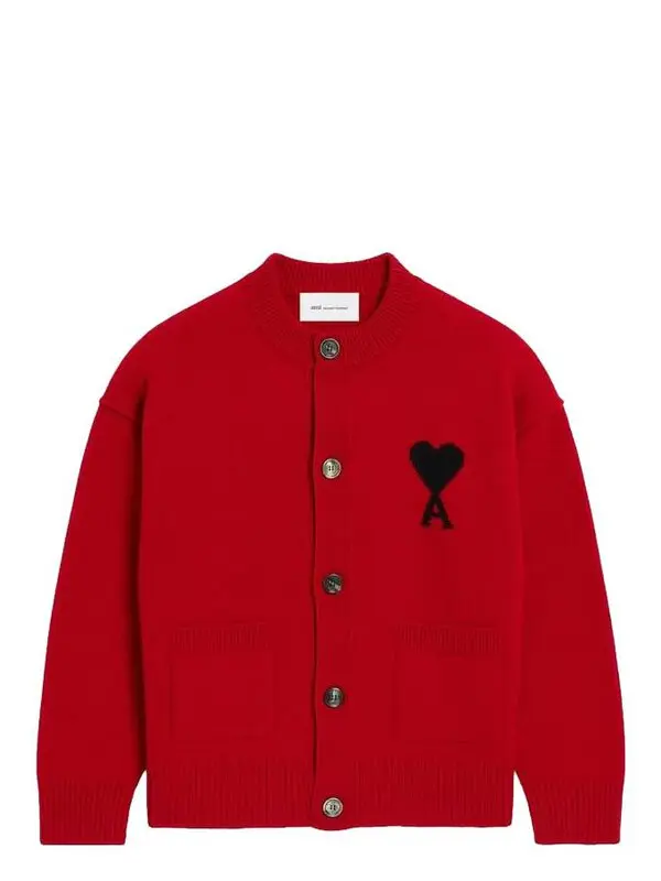 AMI Paris Wool De Coeur Intarsia-knitted Cardigan - Red