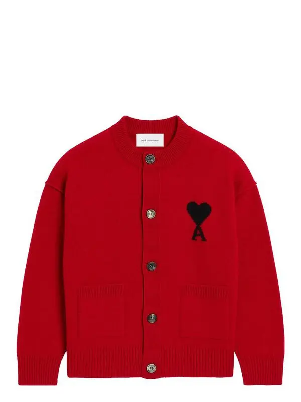 AMI Paris Wool De Coeur Intarsia-knitted Cardigan - Red