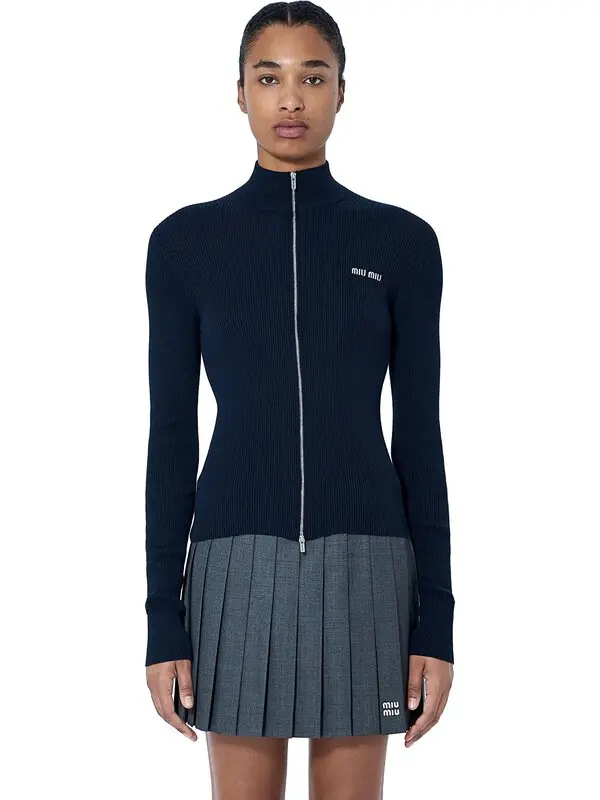 Miu Miu Ribbed-knit Logo-embroidered Cardigan - Blue