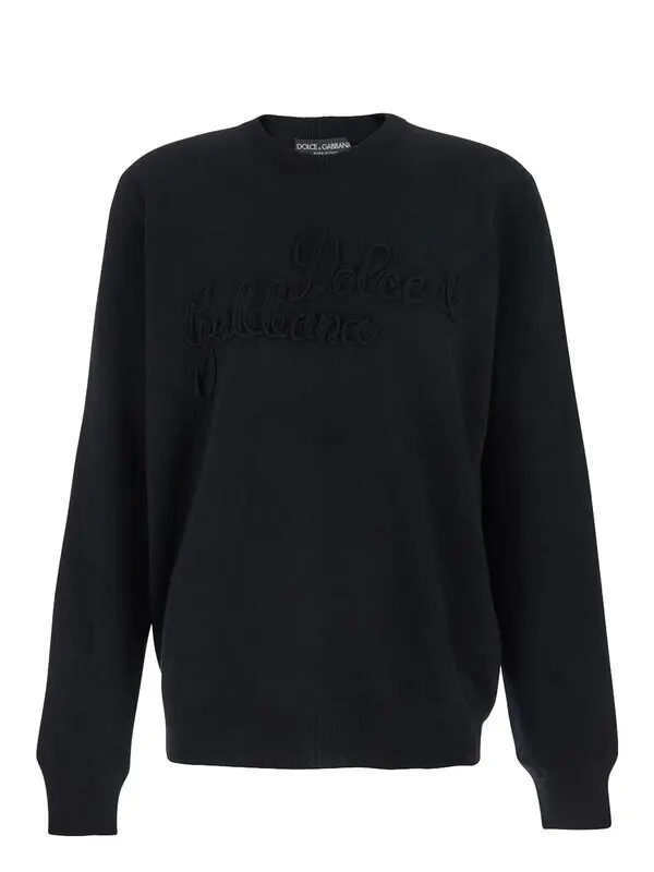 Dolce & Gabbana Crew Neck Sweater With Logo Lettering On The Front In Black Wool For - Multicolor