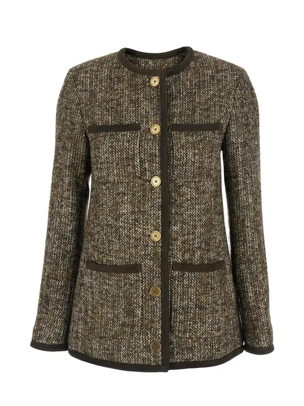 GOLDEN GOOSE Brown Crew Neck Jacket With Front Patch Pockets In Wool Blend - Multicolor