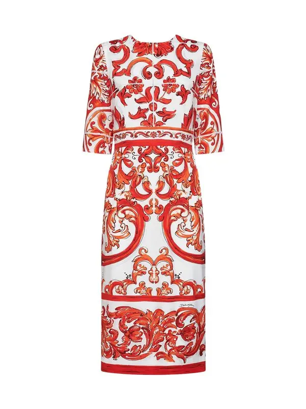 Dolce & Gabbana Orange Maiolica-print Stretch Silk Charmeuse Midi Dress - Multicolor
