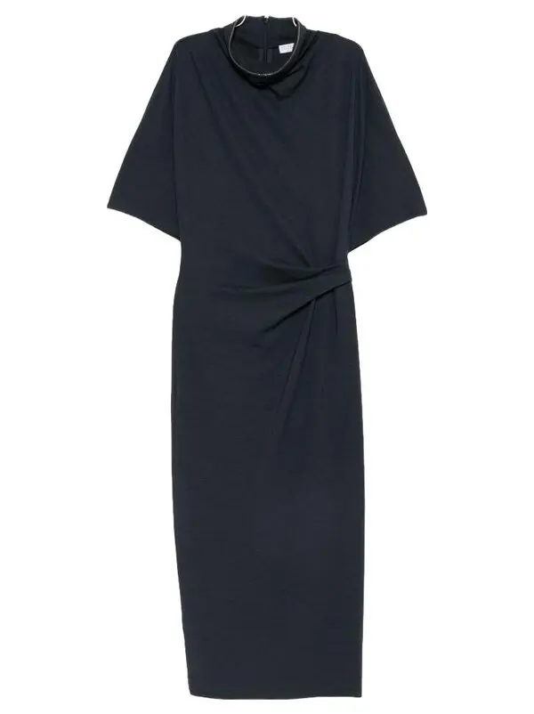 Brunello Cucinelli High Neck Twisted Waist Short Sleeve Dress - Multicolor