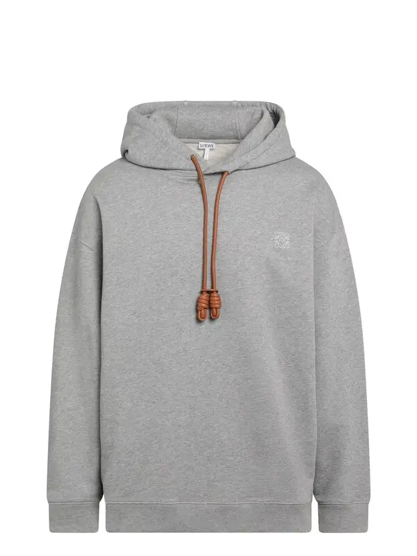 Loewe Grey Melange Relaxed-fit Hoodie With Leather Drawstring - Gray