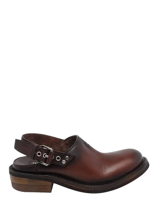 Miu Miu Logo Leather Sabot - Brown