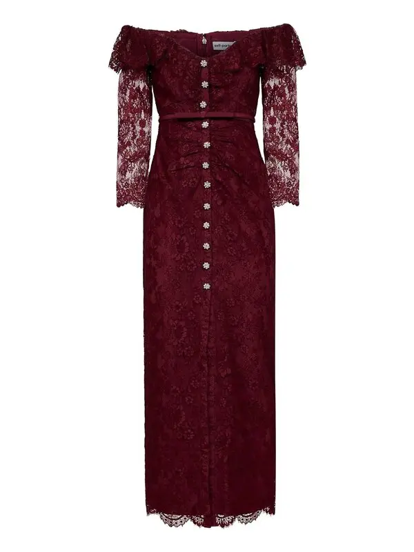 SELF-PORTRAIT Burgundy Lace Belted Off-the-shoulder Maxi Dress - Multicolor