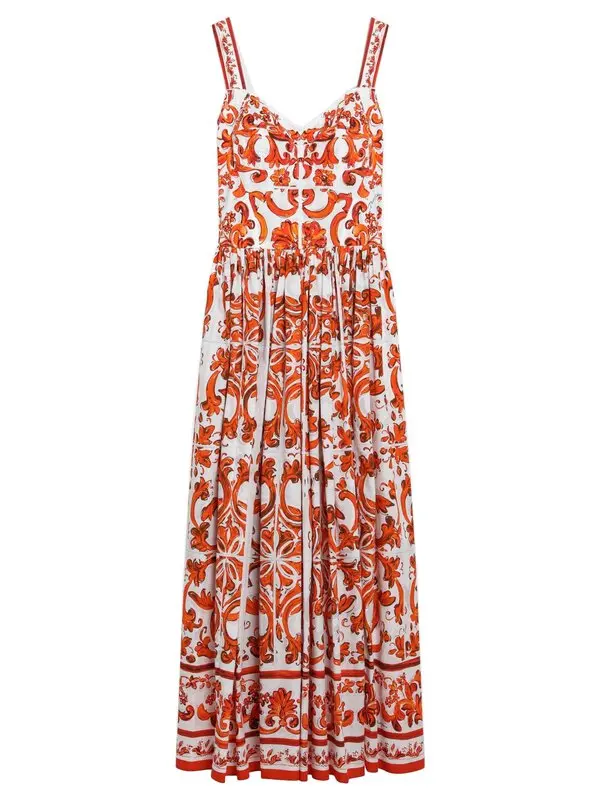 Dolce & Gabbana Maiolica-print Poplin Maxi Dress In Cotton - Orange