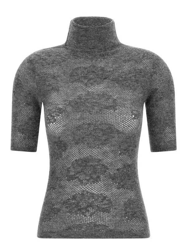 Brunello Cucinelli Openwork Silk, Wool, And Alpaca Turtleneck Sweater - Gray