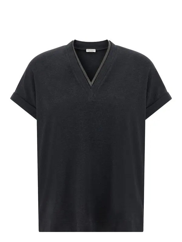 Brunello Cucinelli Monile Trimmed V-neck T-shirt - Gray