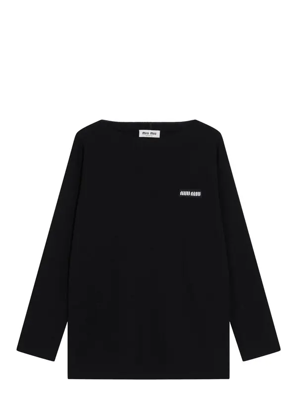 Miu Miu Virgin Wool Sweater With Logo Intarsia - Blue
