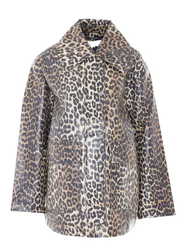 GANNI Laminated Leopard Jacket - Brown