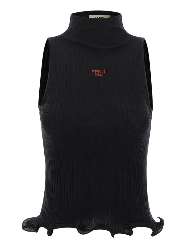 Fendi Ruffled Ribbed Jersey Top - Black