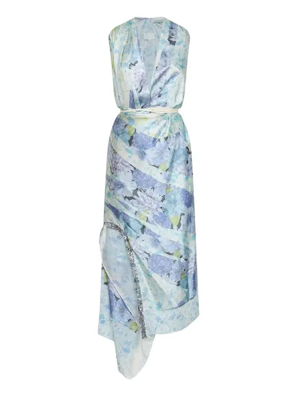 MAISON MARGIELA Light Blue Floral Silk Wrap Midi Dress - Multicolor