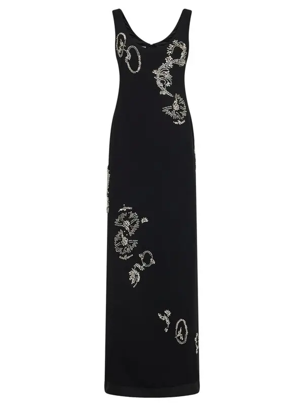 Dries Van Noten Black Crepe Long Embroidered Dress - Multicolor