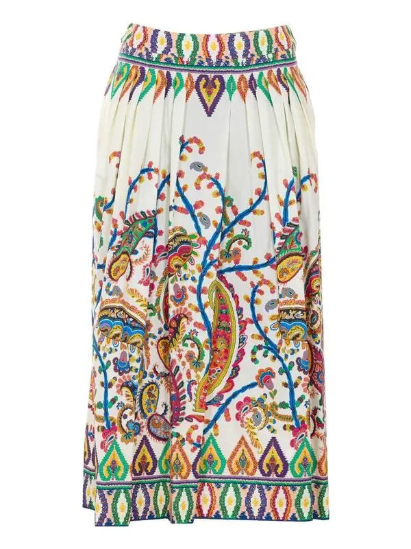 Etro Paisley Floral Placed Print Midi Plissé Skirt - White
