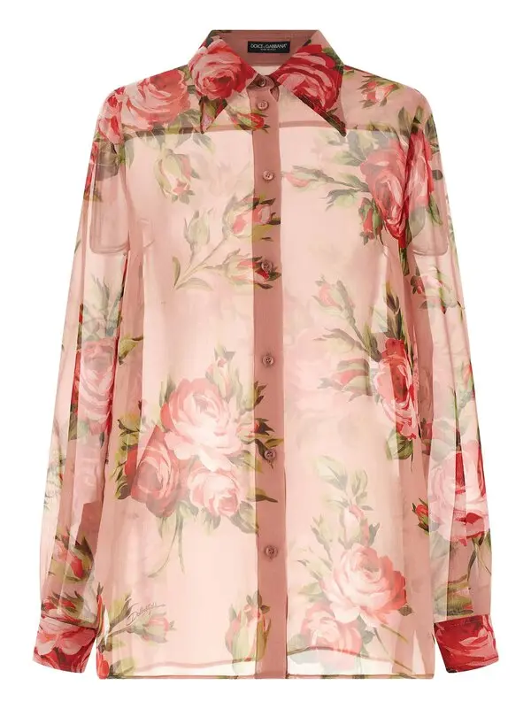 Dolce & Gabbana Bouquet Rose Silk Chiffon Shirt - Pink