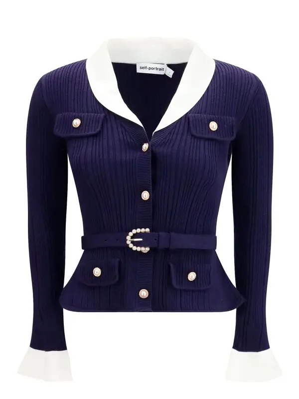 SELF-PORTRAIT Ribbed Cardigan - Blue