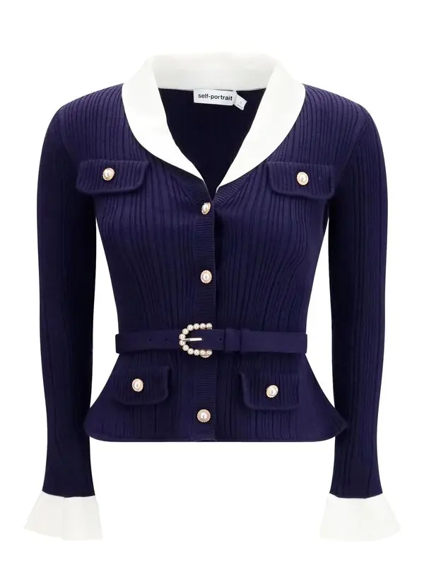 SELF-PORTRAIT Ribbed Cardigan - Blue