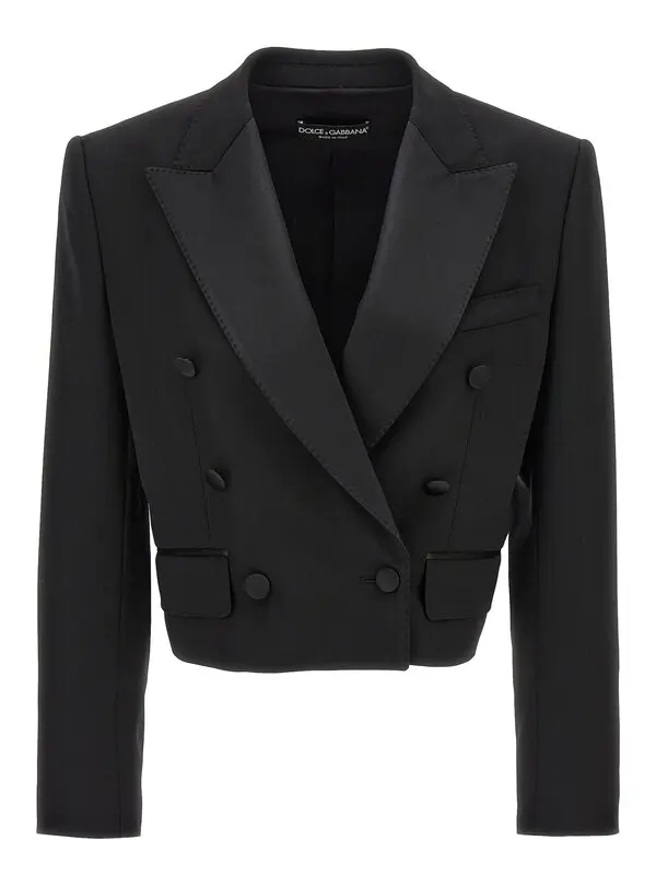 Dolce & Gabbana Wool Twill Tuxedo Crop Blazer - Black