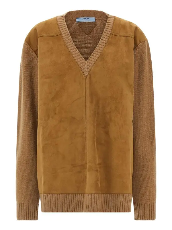 Prada Suede Paneled Virgin Wool Cashmere Sweater - Brown