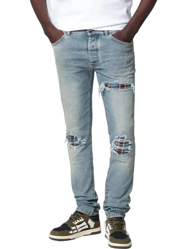 Amiri Mx1 Distressed Flannel-patched Jeans In Medium Indigo - Blue