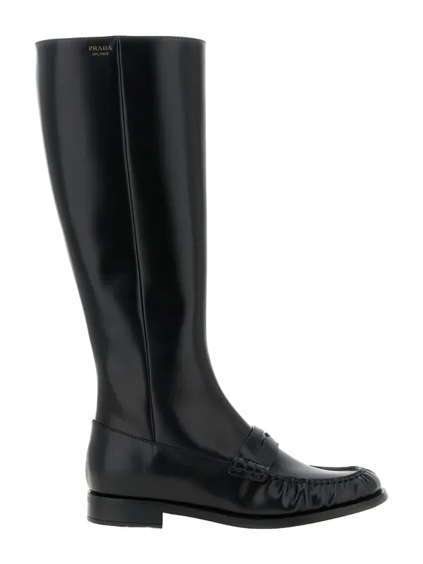 Prada Brushed Calfskin High Moccasin Boots - Black