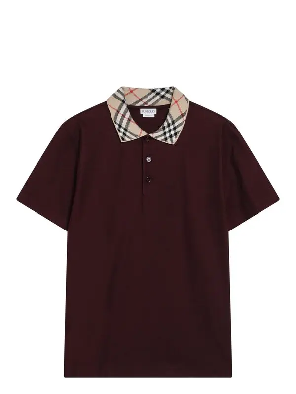 Burberry Cotton Polo Shirt With Check Collar In Vineyard - Red