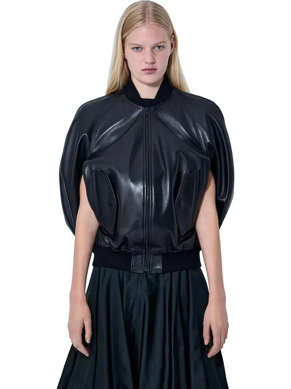 Balenciaga Structured Leather Bomber Jacket - Black