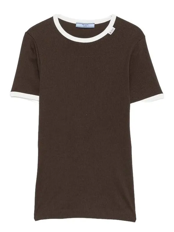 Prada Cotton Ribbed Knit Short Sleeve T-shirt - Brown