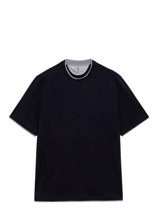Brunello Cucinelli Crew-neck Cotton Jersey T-shirt With Faux Layering, Cobalt - Blue