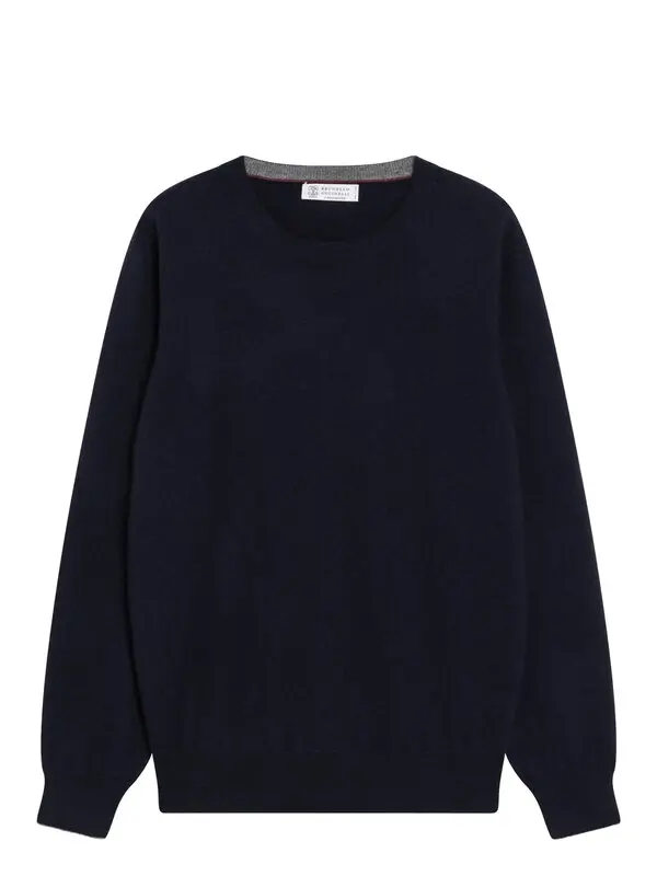 Brunello Cucinelli Navy Cashmere Crewneck Sweater With Contrast Trim - Blue