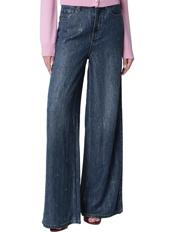 SELF-PORTRAIT Wide-leg Denim Jeans With Rhinestone Stripes - Blue