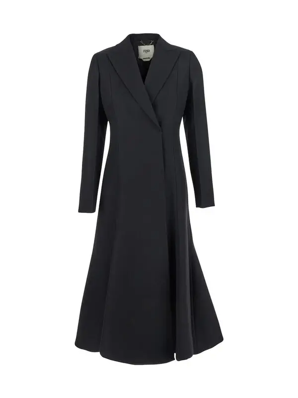 Fendi Black Flared Double-breasted Coat With Peak Revers In Wool - Multicolor