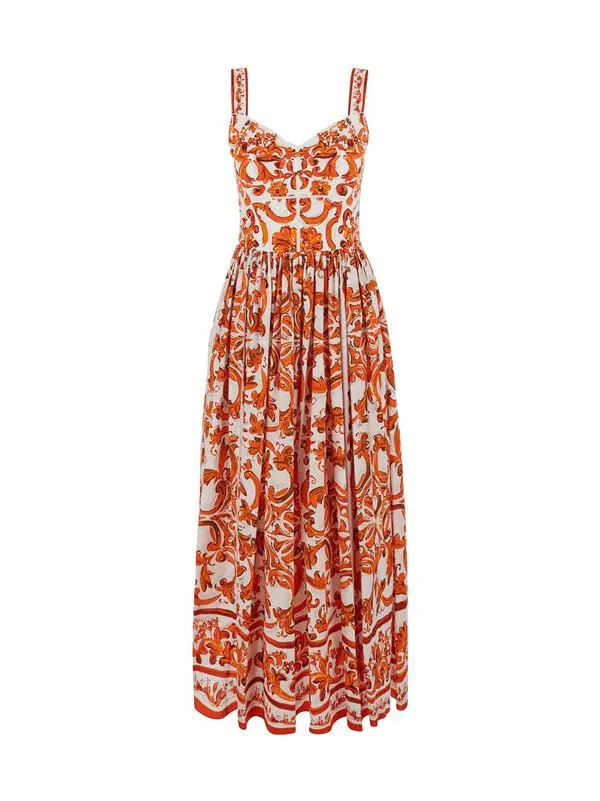 Dolce & Gabbana Orange Long Dress With Bodice With Built-in Cups And All-over Maiolica Print In Cotton - Multicolor
