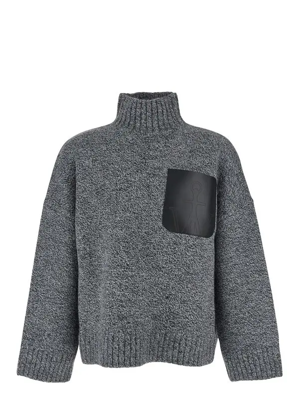 JW Anderson Grey Sweater With High Neck And One Front Patch Leather Pocket In Wool Blend - Multicolor