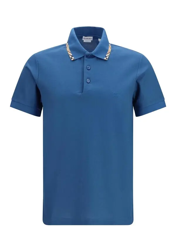 Burberry Cotton Polo With Check Trims - Blue