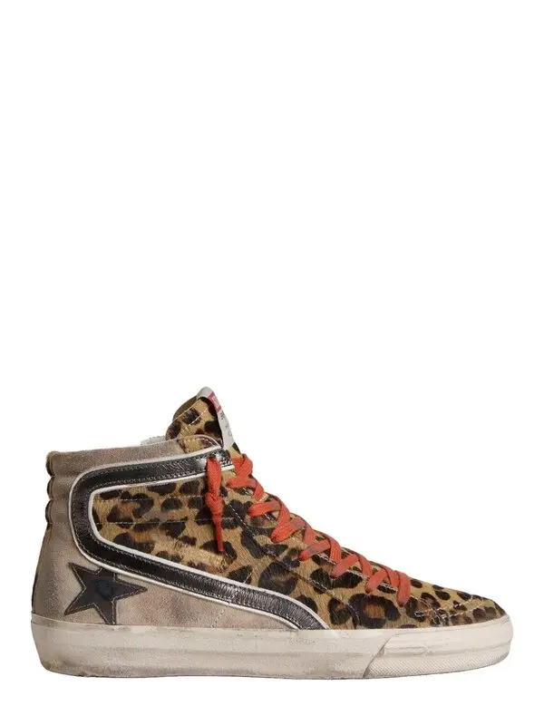 GOLDEN GOOSE Slide Sneakers In Leopard-print Pony Skin With Metallic Leather Star And Flash - Brown