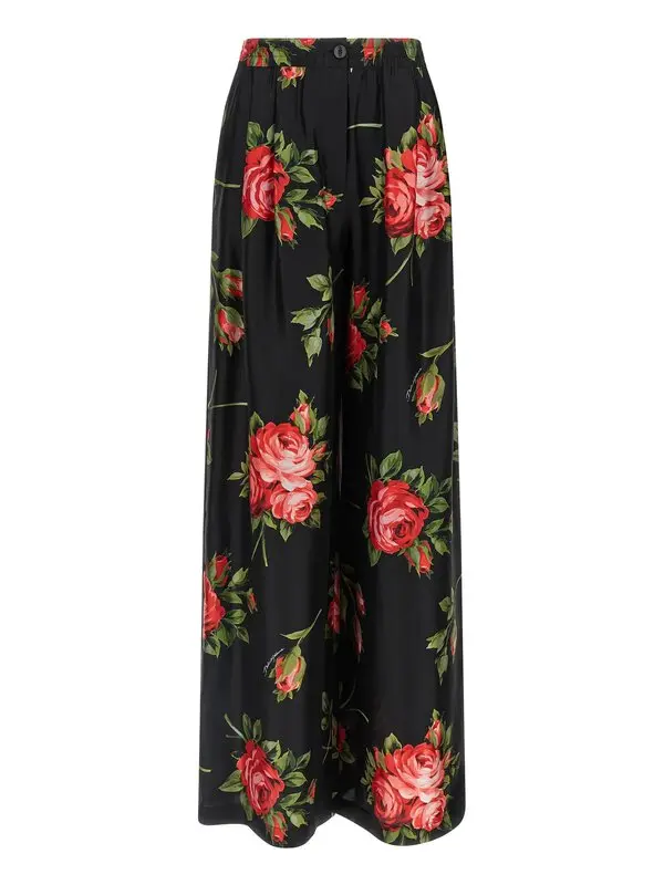 Dolce & Gabbana Bouquet Rose Silk Twill Trousers - Black