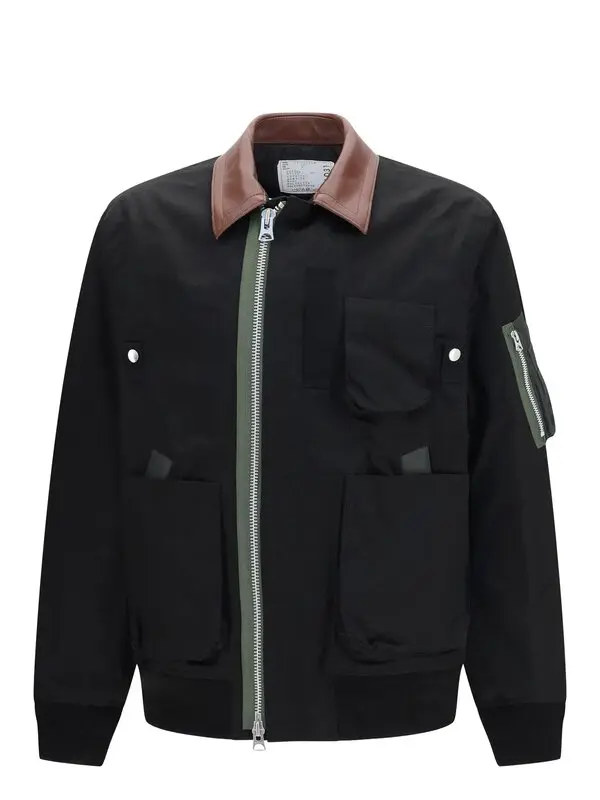 Sacai Cotton Bomber Jacket With Leather Details - Black