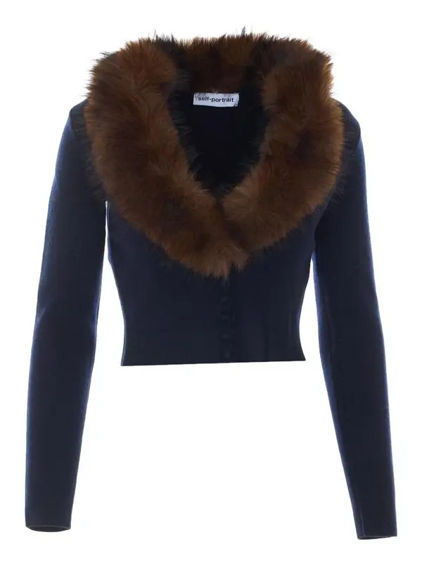 SELF-PORTRAIT Fur Collar Cardigan - Blue