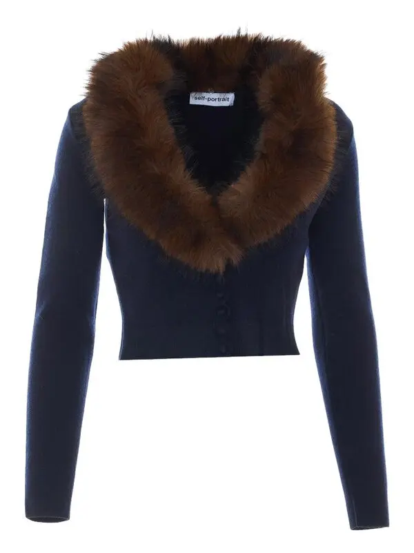 SELF-PORTRAIT Fur Collar Cardigan - Blue