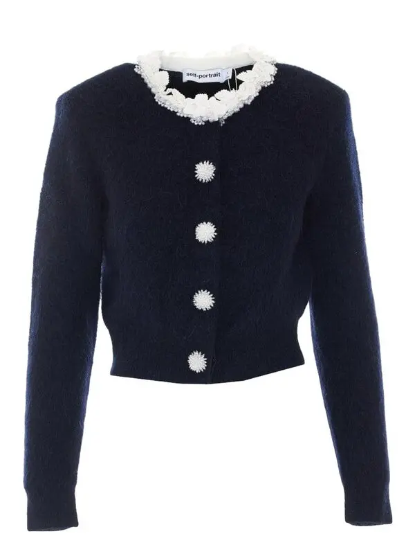 SELF-PORTRAIT Flower Pearl Knit Cardigan - Blue