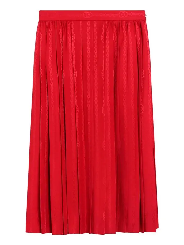 Gucci Pleated Silk Jacquard Midi Skirt With Gg Chain In Fire - Red