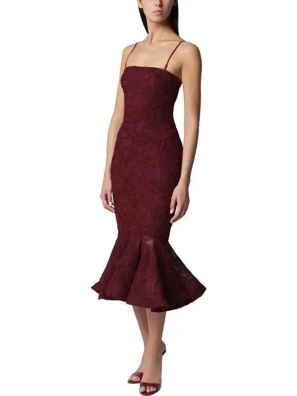 ROTATE BY BIRGER CHRISTENSEN Burgundy Floral Mesh Ruffle Dress - Red