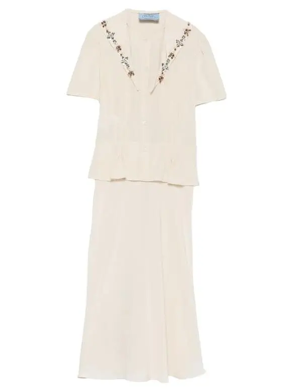 Prada Silk Crystal Embellished Day Dress - Cream