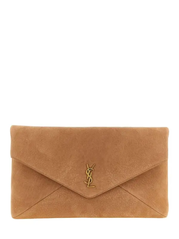 Saint Laurent Suede Calfskin Envelope Clutch - Brown