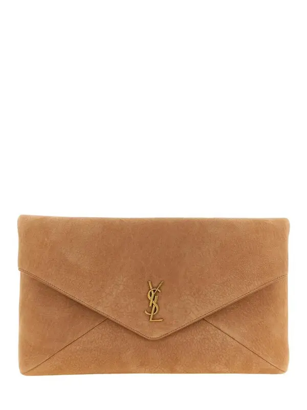 Saint Laurent Suede Calfskin Envelope Clutch - Brown