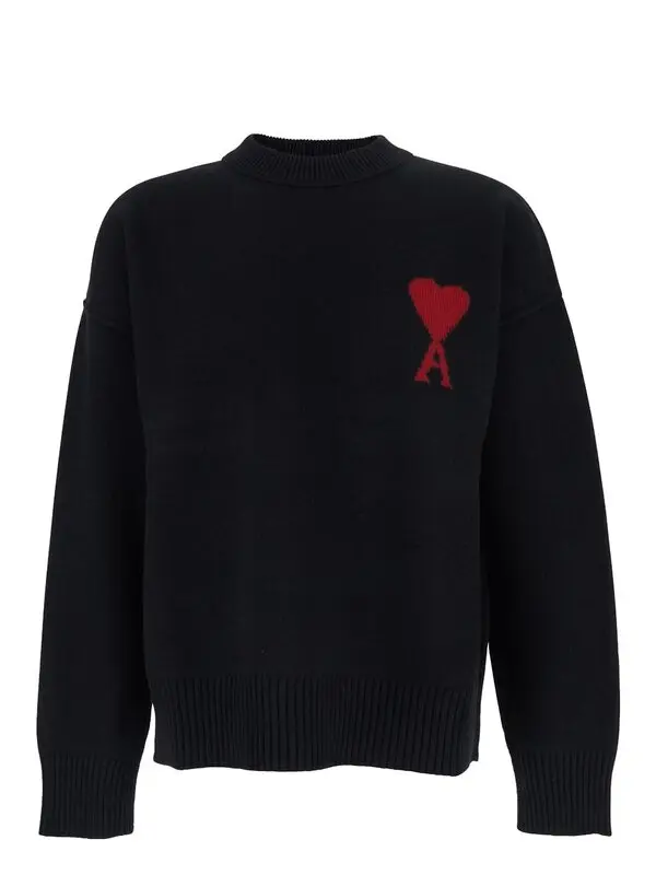 AMI Paris Wool Crewneck Sweater With Embroidery - Black