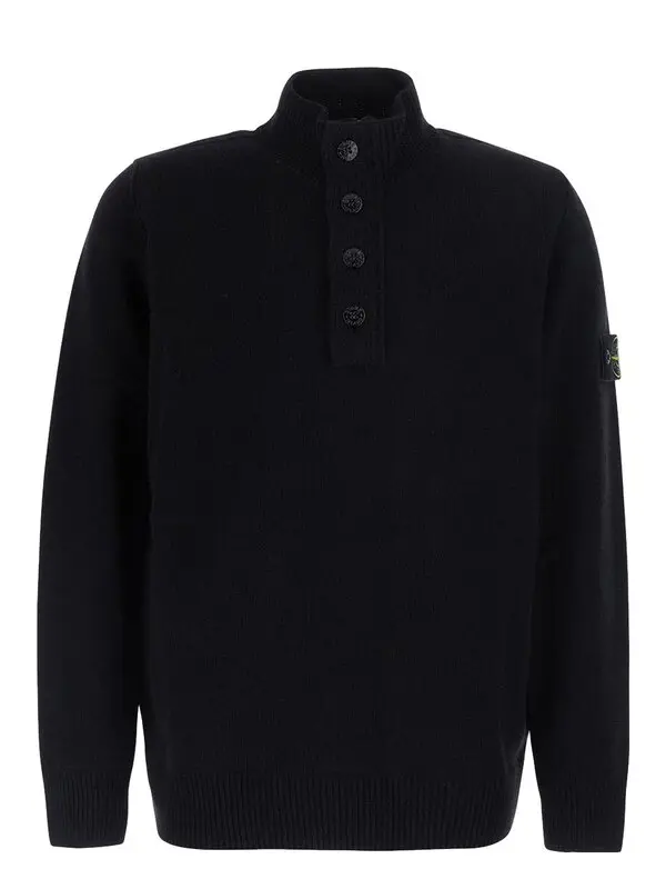 Stone Island High-neck Sweater With Front Buttons And Logo Patch On The Sleeve In Wool For - Black