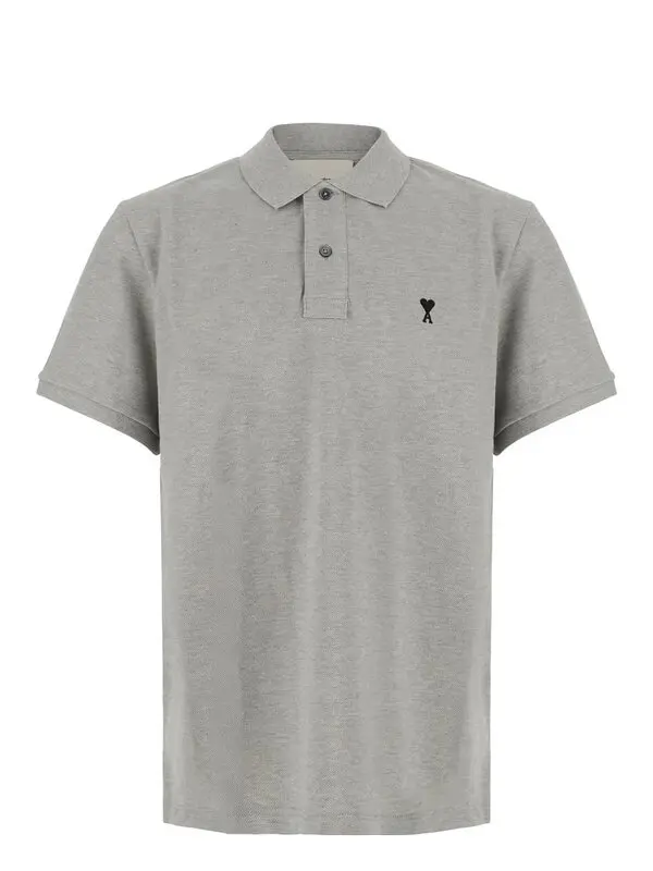 AMI Paris Polo Shirt With De Coeur Contrast And Black Cotton Fabric For - Gray